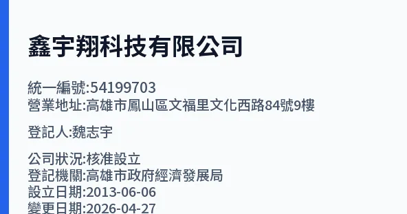 鑫宇翔科技有限公司的照片-統編 54199703(高雄市) 公司登記資料與營業項目詳細圖表