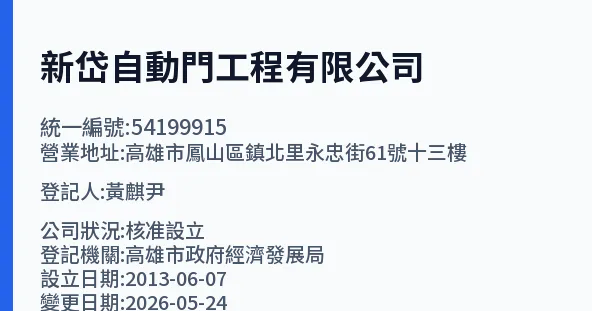 新岱自動門工程有限公司的照片-統編 54199915(高雄市) 公司登記資料與營業項目詳細圖表