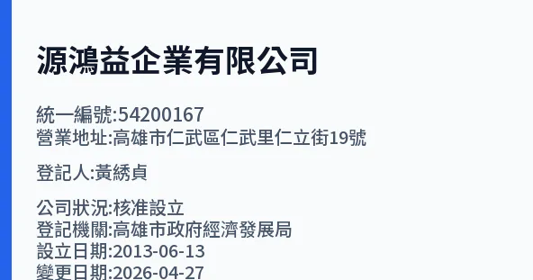 源鴻益企業有限公司的照片-統編 54200167(高雄市) 公司登記資料與營業項目詳細圖表