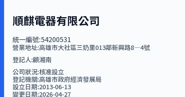 順麒電器有限公司的照片-統編 54200531(高雄市) 公司登記資料與營業項目詳細圖表