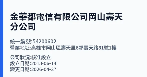 金華都電信有限公司岡山壽天分公司的照片-統編 54200602(高雄市) 公司登記資料與營業項目詳細圖表