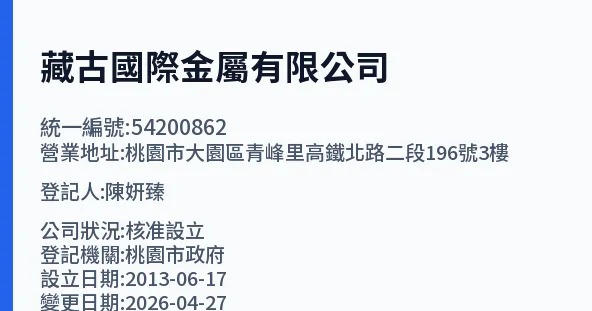 藏古國際金屬有限公司的照片-統編 54200862(桃園市) 公司登記資料與營業項目詳細圖表