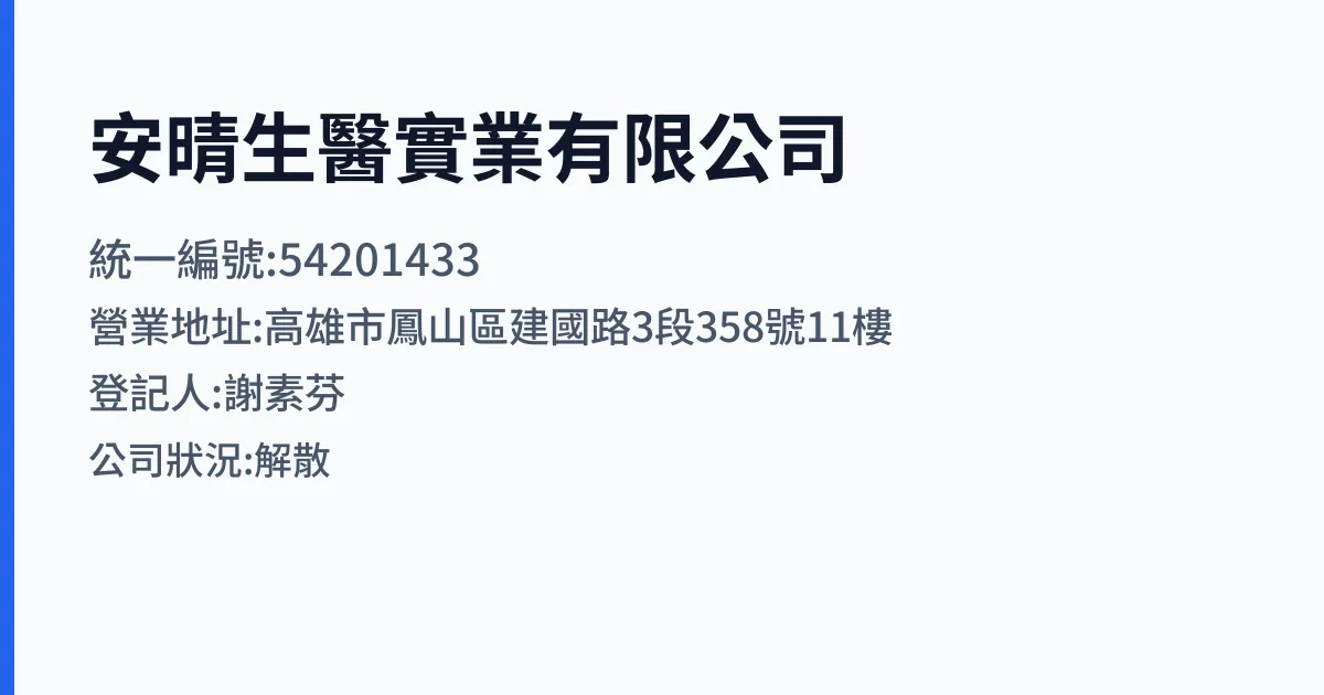 安晴生醫實業有限公司 - 統編 54201433(高雄市) 公司登記資料與營業項目詳細圖表