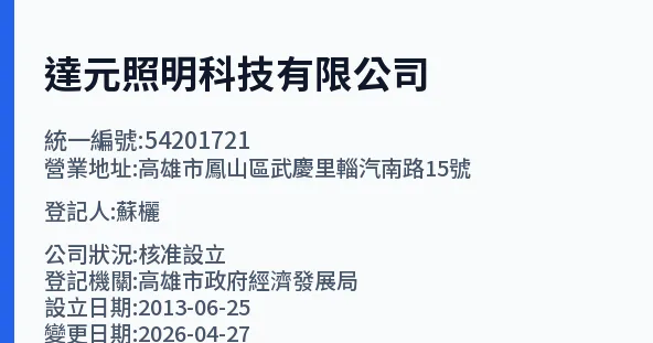 達元照明科技有限公司的照片-統編 54201721(高雄市) 公司登記資料與營業項目詳細圖表