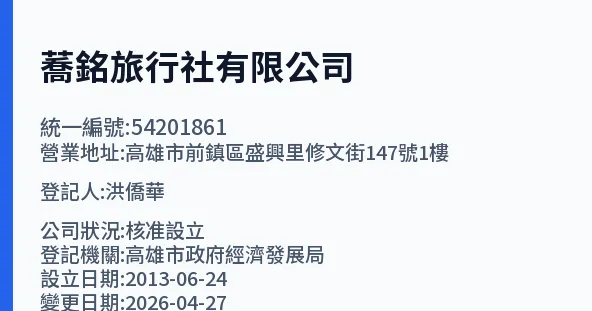 蕎銘旅行社有限公司的照片-統編 54201861(高雄市) 公司登記資料與營業項目詳細圖表