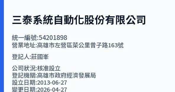 三泰系統自動化股份有限公司的照片-統編 54201898(高雄市) 公司登記資料與營業項目詳細圖表