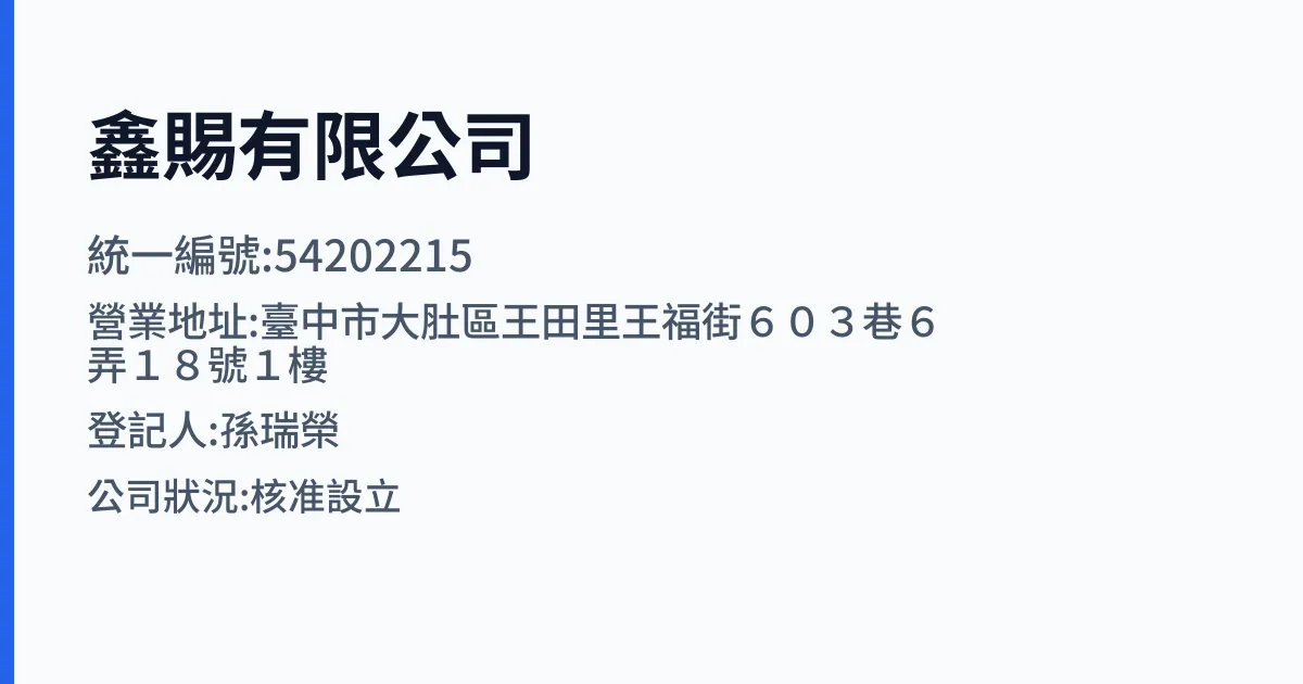 鑫賜有限公司 - 統編 54202215(臺中市) 公司登記資料與營業項目詳細圖表