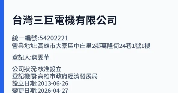 台灣三巨電機有限公司的照片-統編 54202221(高雄市) 公司登記資料與營業項目詳細圖表