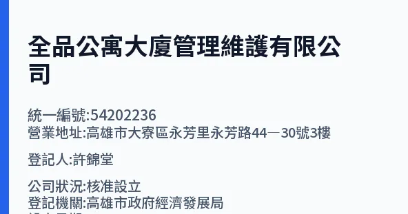 全品公寓大廈管理維護有限公司的照片-統編 54202236(高雄市) 公司登記資料與營業項目詳細圖表