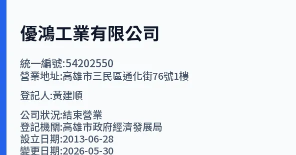 優鴻工業有限公司的照片-統編 54202550(高雄市) 公司登記資料與營業項目詳細圖表