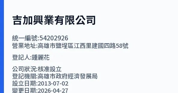 吉加興業有限公司的照片-統編 54202926(高雄市) 公司登記資料與營業項目詳細圖表