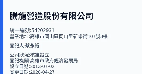 騰龍營造股份有限公司的照片-統編 54202931(高雄市) 公司登記資料與營業項目詳細圖表