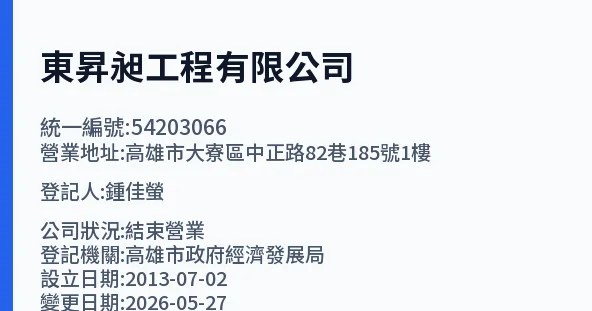 東昇昶工程有限公司的照片-統編 54203066(高雄市) 公司登記資料與營業項目詳細圖表