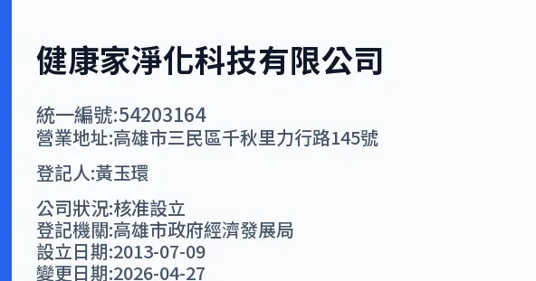 健康家淨化科技有限公司的照片-統編 54203164(高雄市) 公司登記資料與營業項目詳細圖表