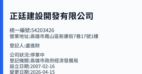正廷建設開發有限公司的照片-統編 54203426(高雄市) 公司登記資料與營業項目詳細圖表