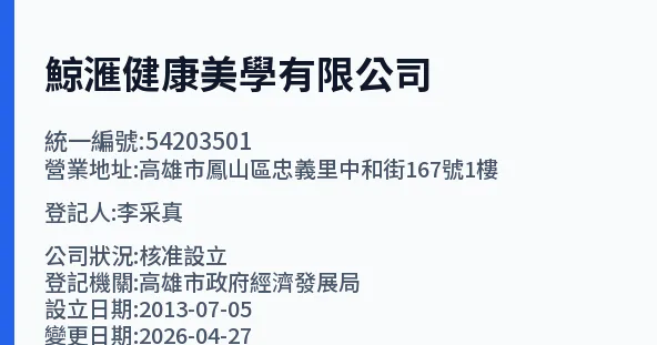 鯨滙健康美學有限公司的照片-統編 54203501(高雄市) 公司登記資料與營業項目詳細圖表