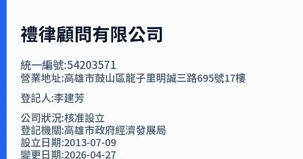 禮律顧問有限公司的照片-統編 54203571(高雄市) 公司登記資料與營業項目詳細圖表