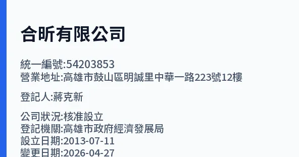合昕有限公司的照片-統編 54203853(高雄市) 公司登記資料與營業項目詳細圖表