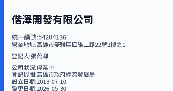 偕澤開發有限公司的照片-統編 54204136(高雄市) 公司登記資料與營業項目詳細圖表