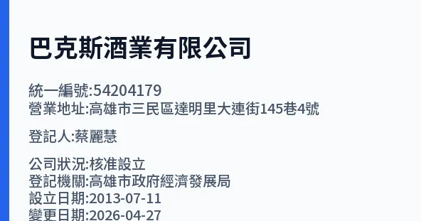 巴克斯酒業有限公司的照片-統編 54204179(高雄市) 公司登記資料與營業項目詳細圖表