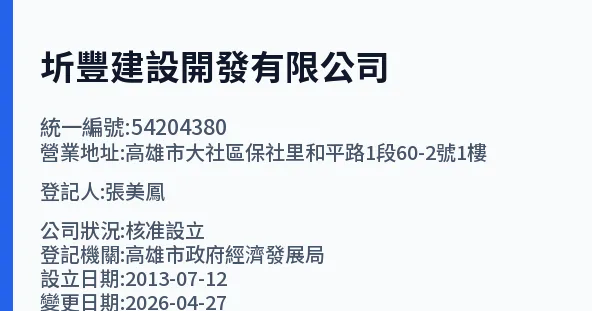 圻豐建設開發有限公司的照片-統編 54204380(高雄市) 公司登記資料與營業項目詳細圖表