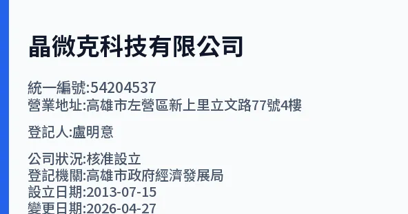 晶微克科技有限公司的照片-統編 54204537(高雄市) 公司登記資料與營業項目詳細圖表