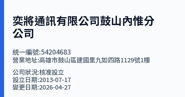 奕將通訊有限公司鼓山內惟分公司的照片-統編 54204683(高雄市) 公司登記資料與營業項目詳細圖表