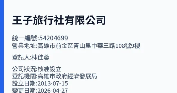 王子旅行社有限公司的照片-統編 54204699(高雄市) 公司登記資料與營業項目詳細圖表