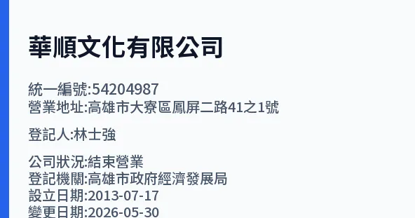 華順文化有限公司的照片-統編 54204987(高雄市) 公司登記資料與營業項目詳細圖表