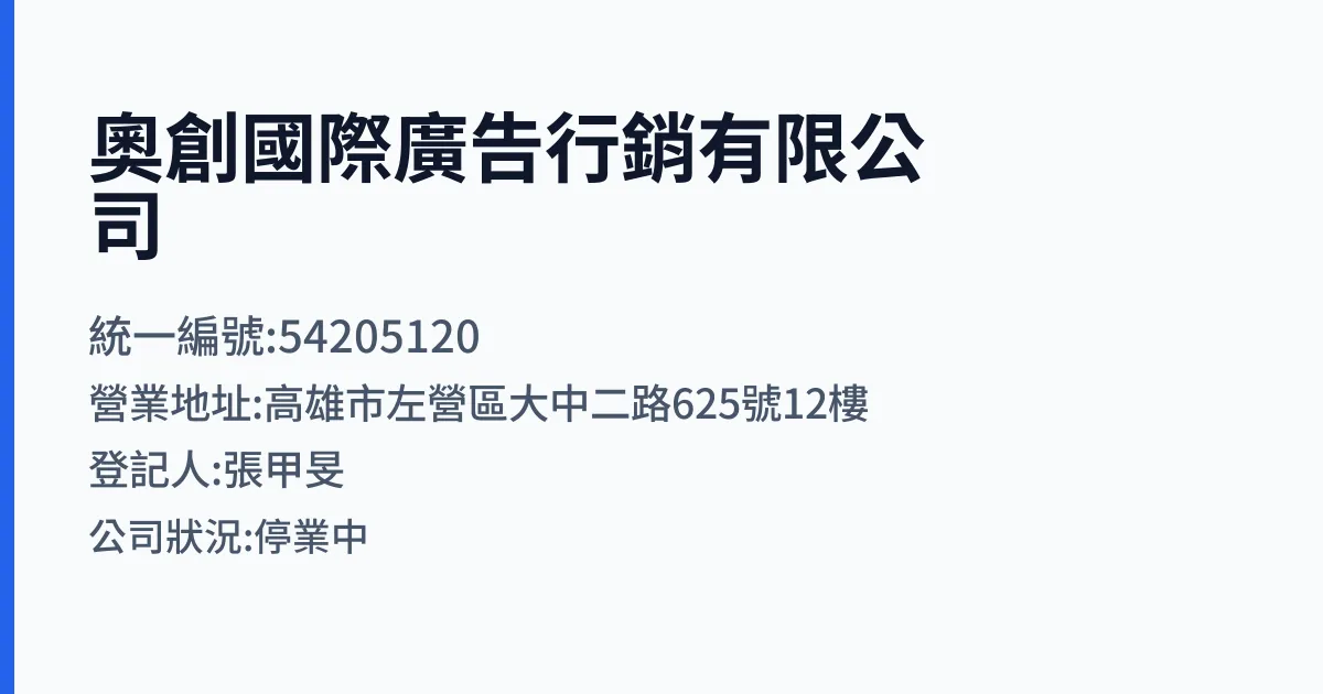 奧創國際廣告行銷有限公司 - 統編 54205120(高雄市) 公司登記資料與營業項目詳細圖表