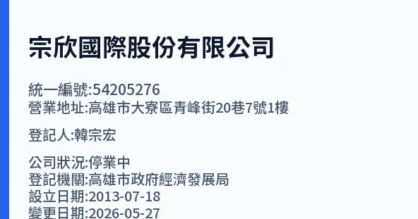 宗欣國際股份有限公司的照片-統編 54205276(高雄市) 公司登記資料與營業項目詳細圖表