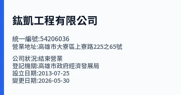 鈜凱工程有限公司的照片-統編 54206036(高雄市) 公司登記資料與營業項目詳細圖表