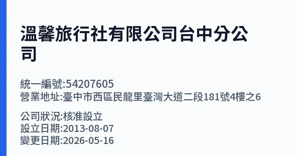 溫馨旅行社有限公司台中分公司的照片-統編 54207605(臺中市) 公司登記資料與營業項目詳細圖表