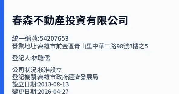 春森不動產投資有限公司的照片-統編 54207653(高雄市) 公司登記資料與營業項目詳細圖表