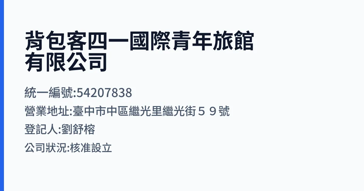 背包客四一國際青年旅館有限公司 - 統編 54207838(臺中市) 公司登記資料與營業項目詳細圖表