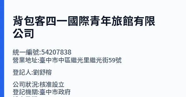 背包客四一國際青年旅館有限公司的照片-統編 54207838(臺中市) 公司登記資料與營業項目詳細圖表