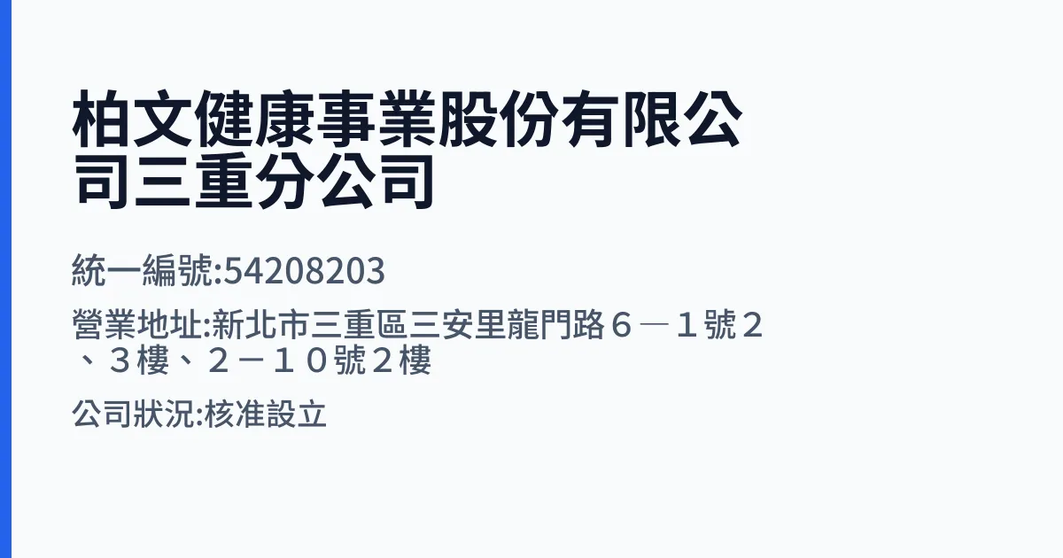柏文健康事業股份有限公司三重分公司 - 統編 54208203(新北市) 公司登記資料與營業項目詳細圖表