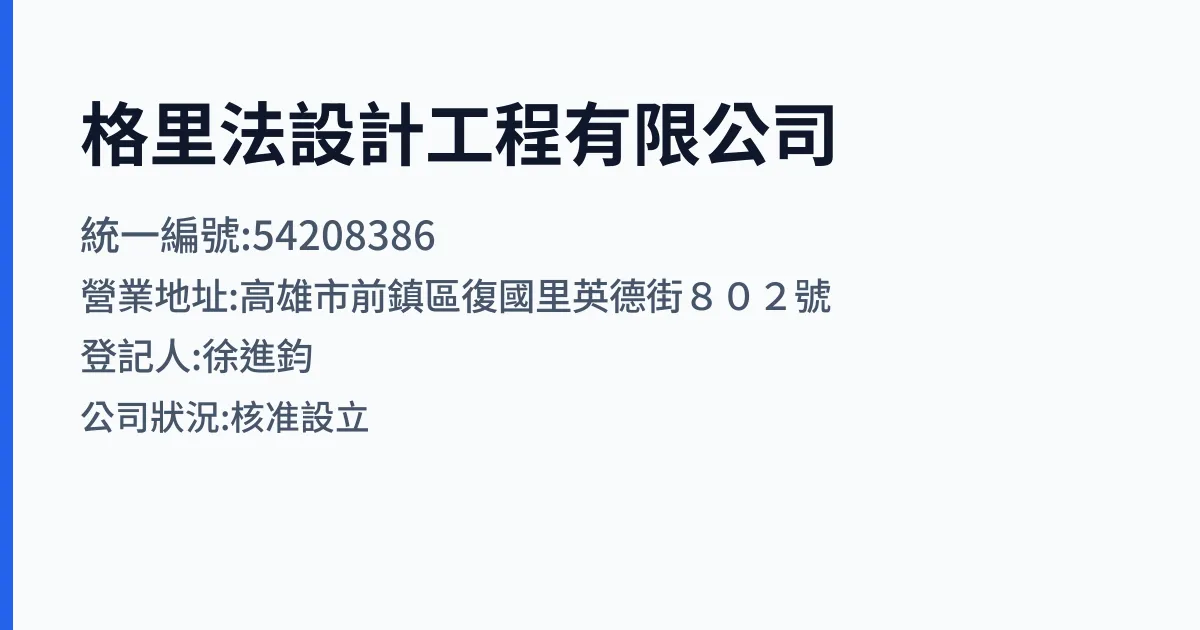 格里法設計工程有限公司 - 統編 54208386(高雄市) 公司登記資料與營業項目詳細圖表