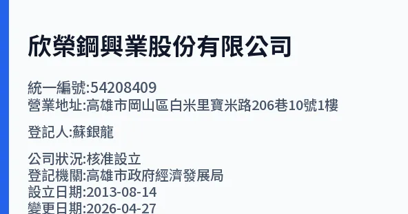 欣榮鋼興業股份有限公司的照片-統編 54208409(高雄市) 公司登記資料與營業項目詳細圖表