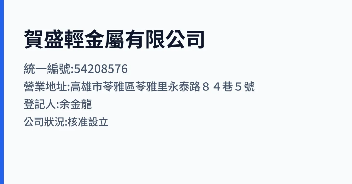 賀盛輕金屬有限公司 - 統編 54208576(高雄市) 公司登記資料與營業項目詳細圖表