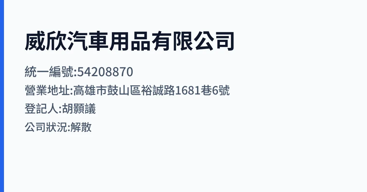 威欣汽車用品有限公司 - 統編 54208870(高雄市) 公司登記資料與營業項目詳細圖表