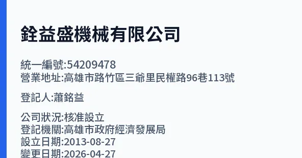 銓益盛機械有限公司的照片-統編 54209478(高雄市) 公司登記資料與營業項目詳細圖表