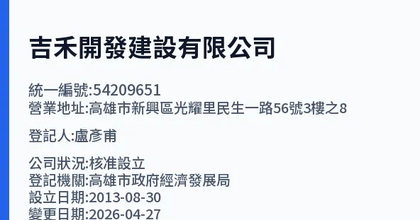 吉禾開發建設有限公司的照片-統編 54209651(高雄市) 公司登記資料與營業項目詳細圖表