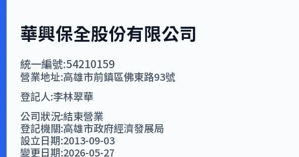華興保全股份有限公司的照片-統編 54210159(高雄市) 公司登記資料與營業項目詳細圖表