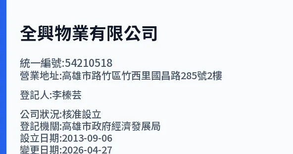 全興物業有限公司的照片-統編 54210518(高雄市) 公司登記資料與營業項目詳細圖表