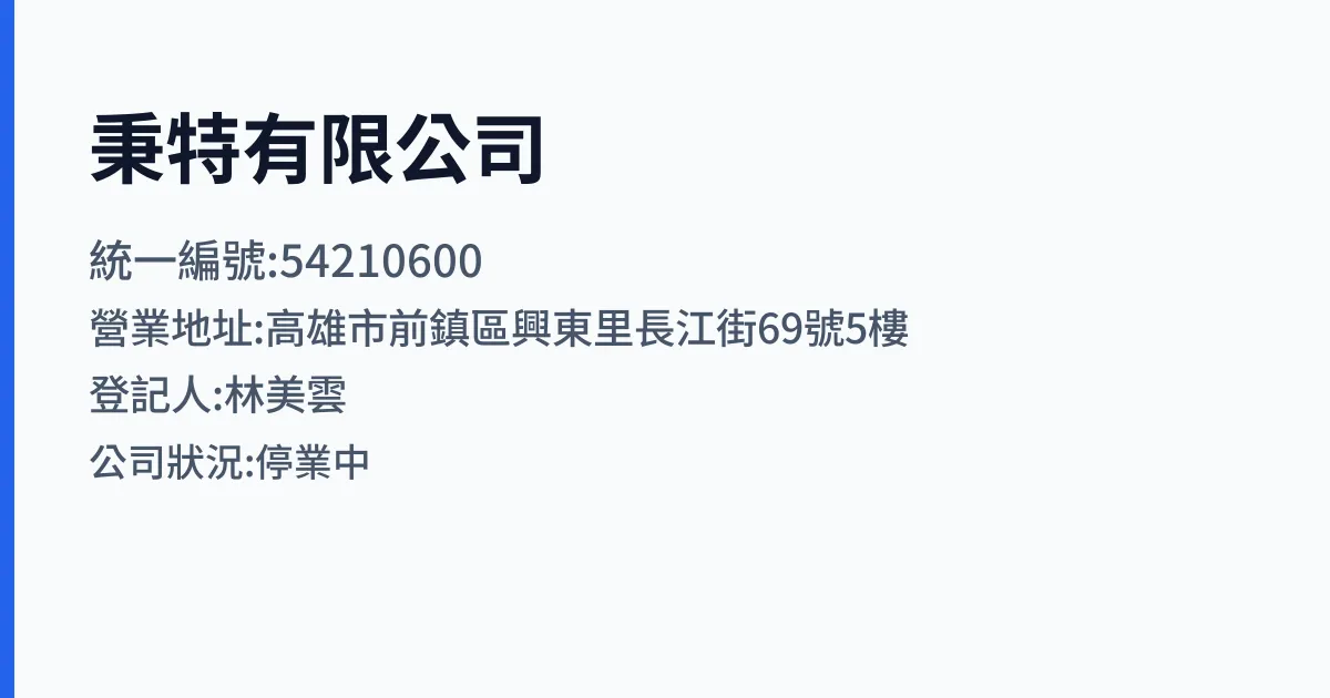 秉特有限公司 - 統編 54210600(高雄市) 公司登記資料與營業項目詳細圖表