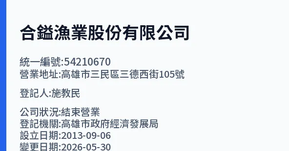 合鎰漁業股份有限公司的照片-統編 54210670(高雄市) 公司登記資料與營業項目詳細圖表