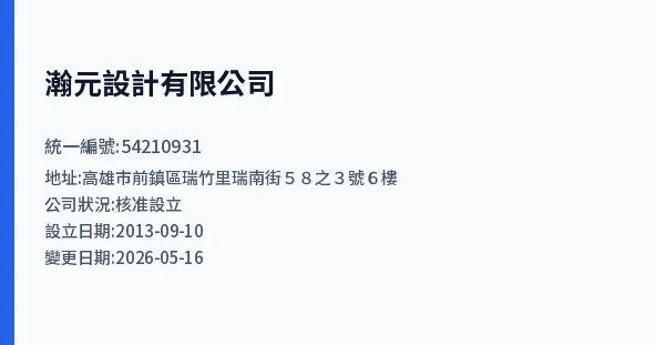 瀚元設計有限公司的照片-統編 54210931(高雄市) 公司登記資料與營業項目詳細圖表