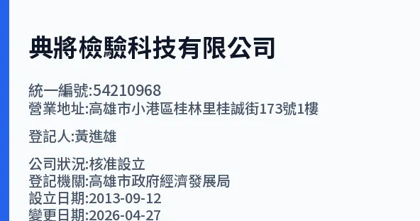 典將檢驗科技有限公司的照片-統編 54210968(高雄市) 公司登記資料與營業項目詳細圖表