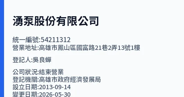 湧泵股份有限公司的照片-統編 54211312(高雄市) 公司登記資料與營業項目詳細圖表
